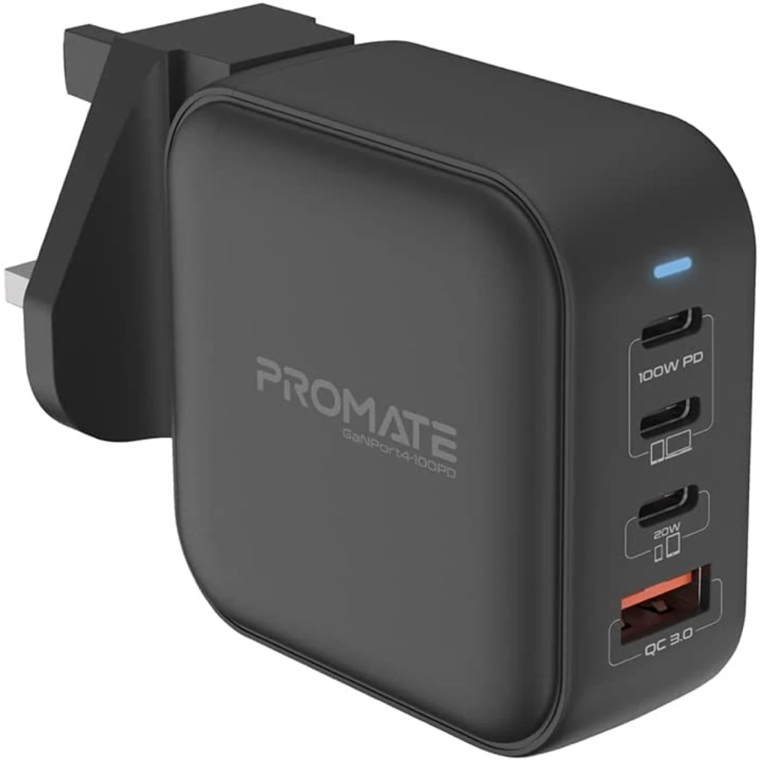 ICN.com : شاحن Promate GaNPort4-100PD USB-C بتقنية GaN بقدرة 100 وات وشاحن سريع مزدوج من النوع C ...