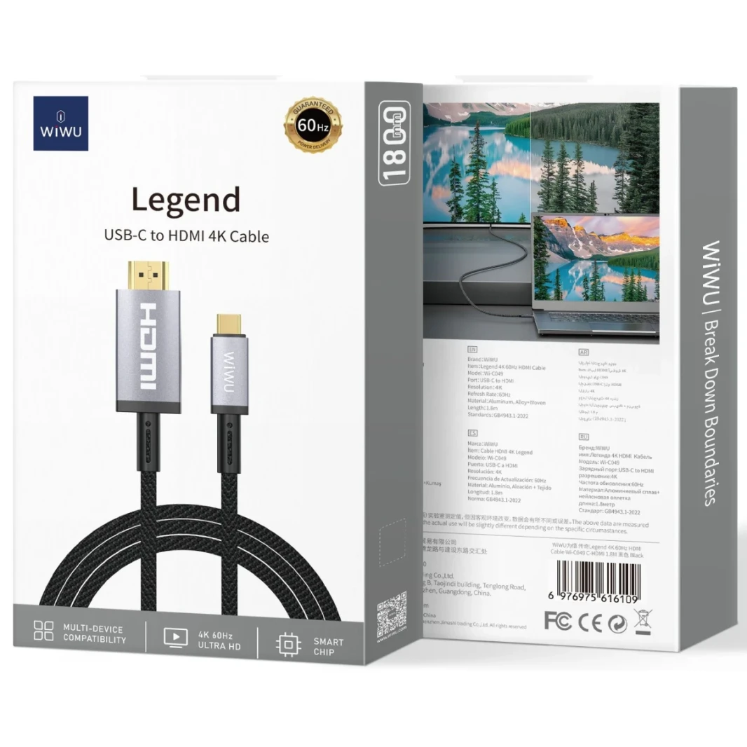ICN.com : Wiwu Wi-C049 Legend USB Typye-C إلى HDMI 4K \ 60Hz كابل-أسود